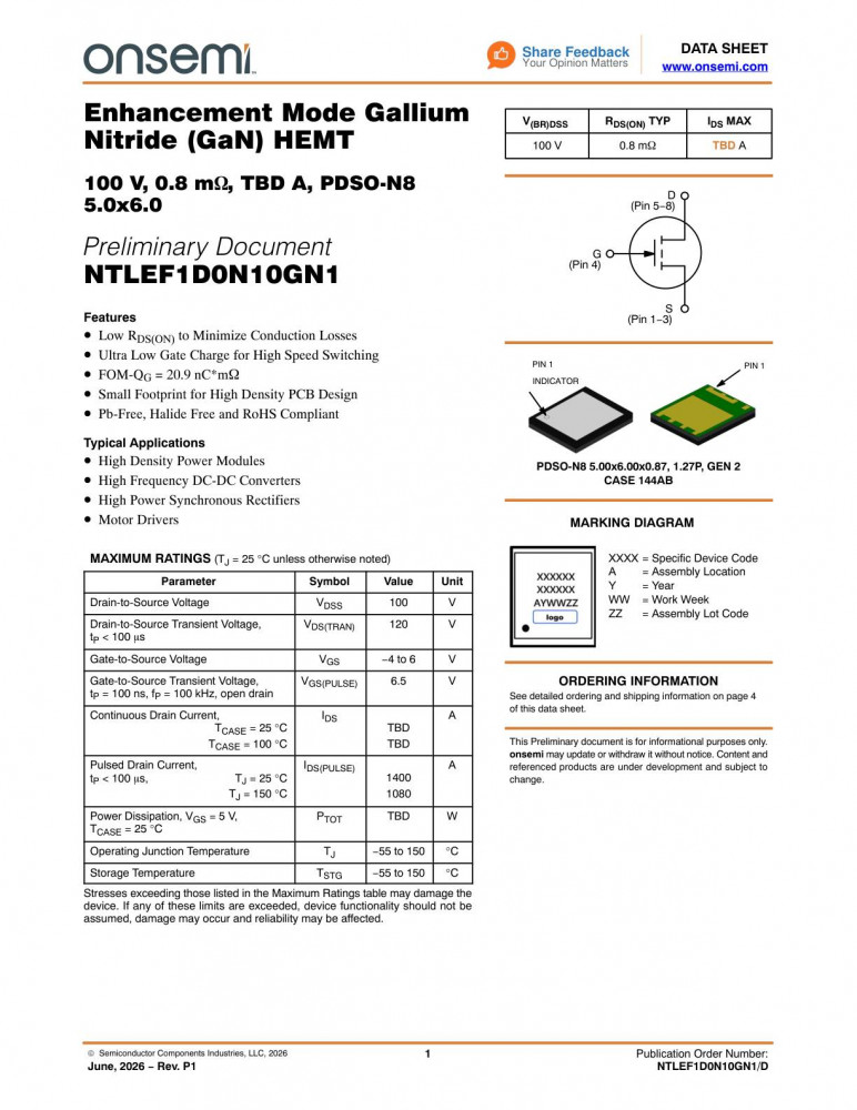 NTLEF1D0N10GN1 datasheet page 1