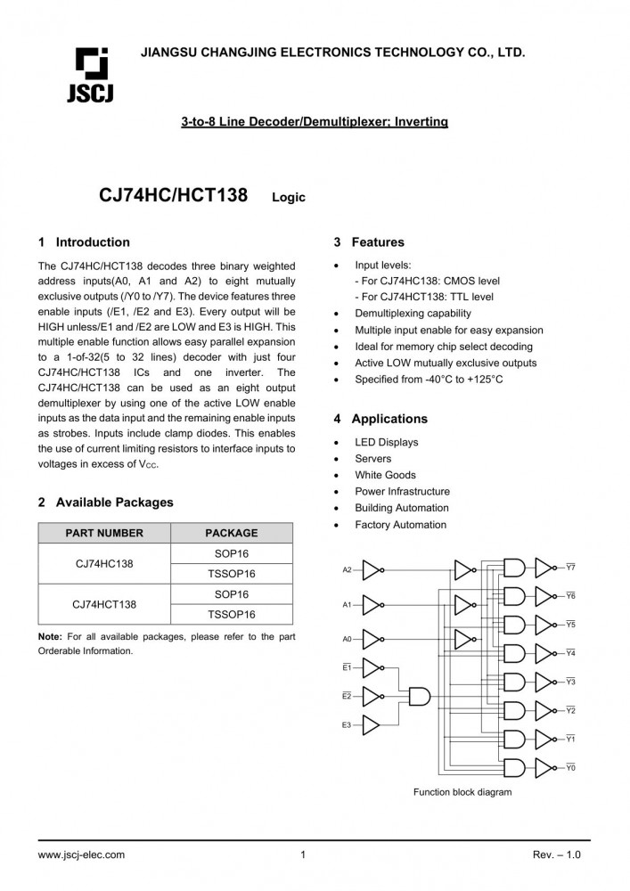 CJ74HC138BEN datasheet page 1