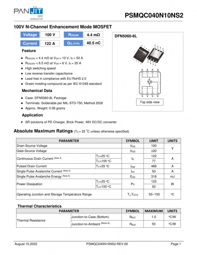 PANJIT PSMQC040N10NS2 datasheet page 1