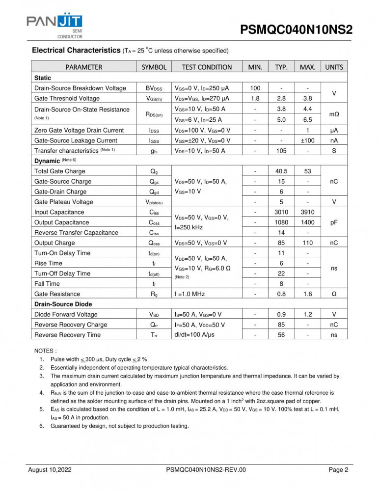 PANJIT PSMQC040N10NS2 datasheet page 2