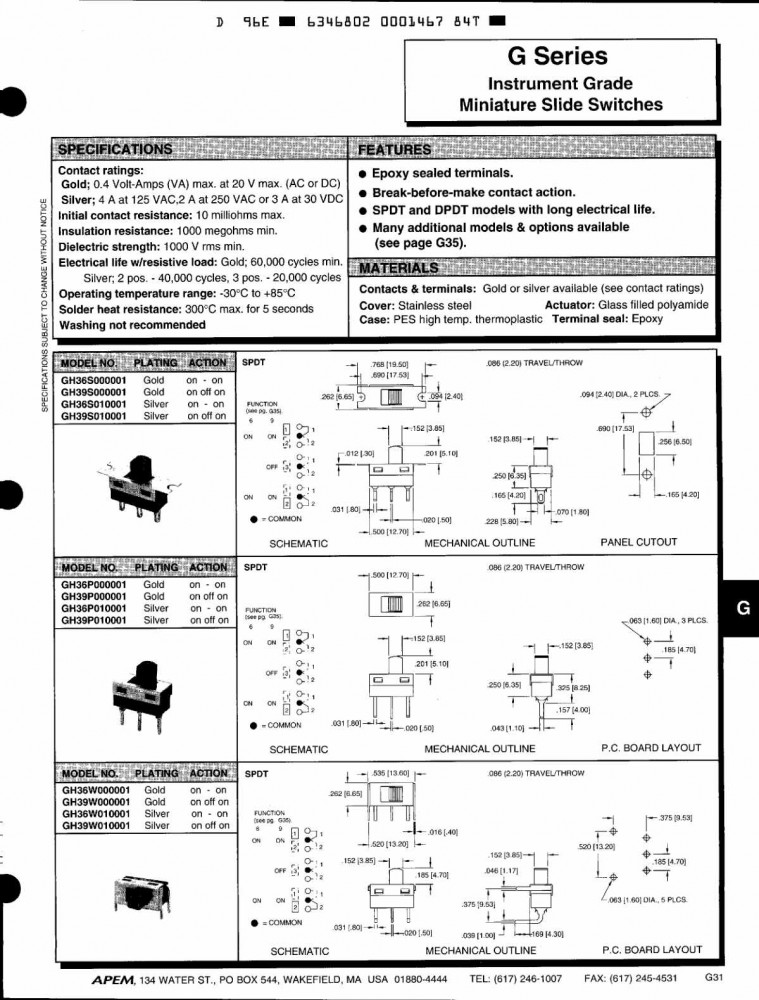 APEM G Series technical document page 1