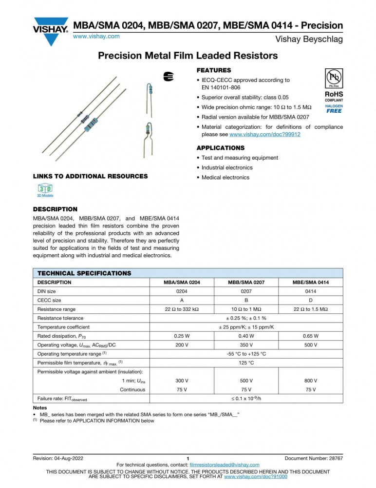 Vishay MBB0207VD2000BC100 datasheet page 1