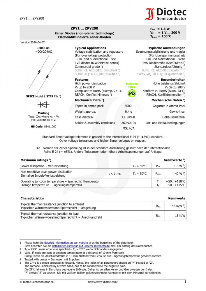 DIOTEC ZPY series datasheet page 1