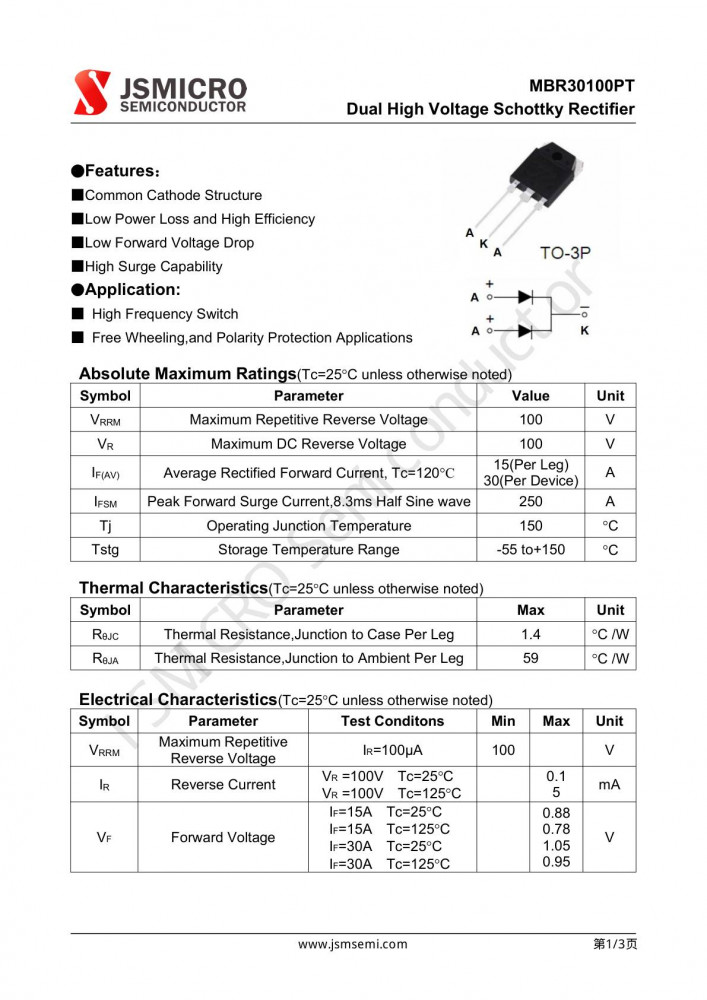 MBR30100PT datasheet page 1