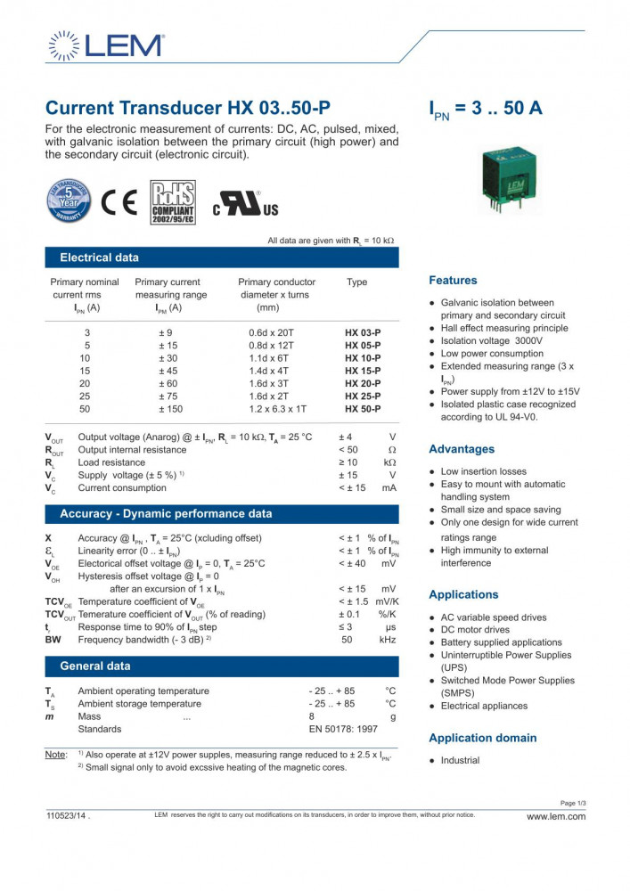 LEM HX 03-P datasheet page 1
