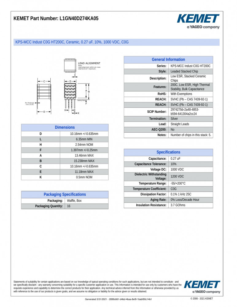 KEMET L1GN40D274KA05 technical document preview