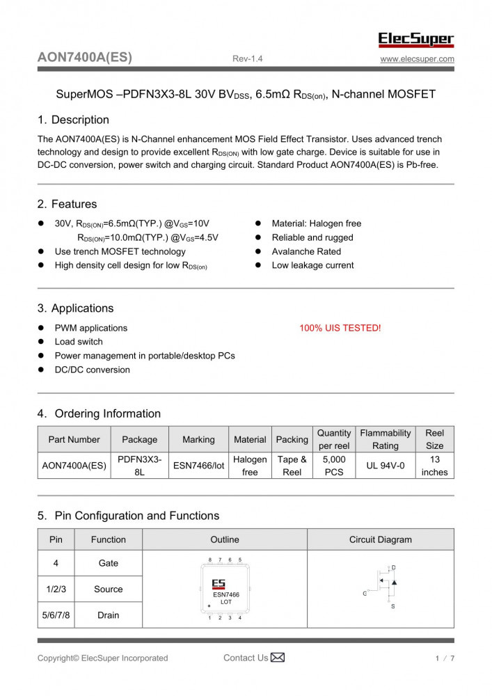 AON7400A(ES) datasheet page 1