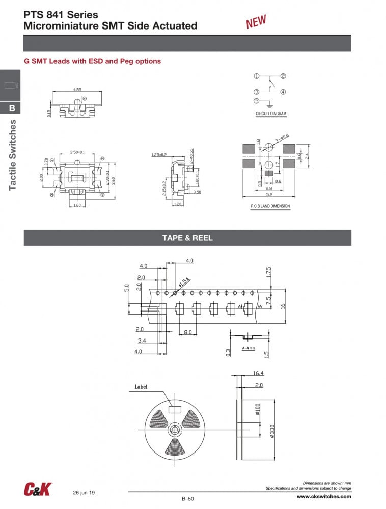 C&K PTS841 series technical document page 2