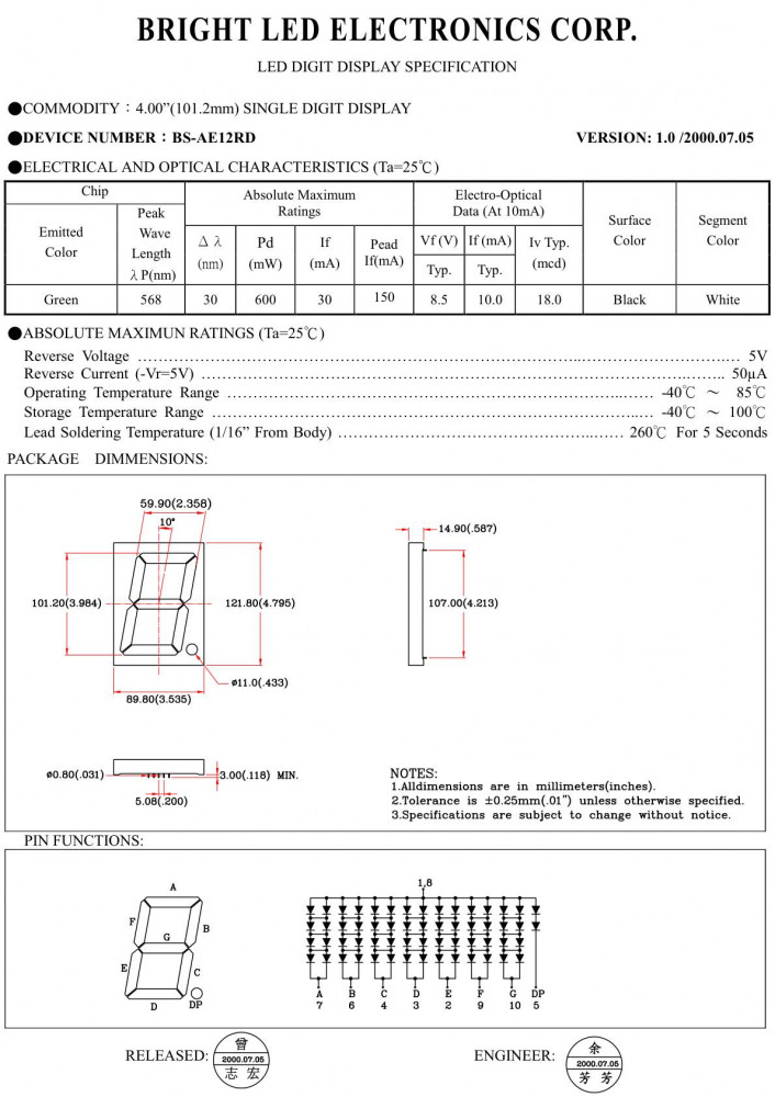 BS-AE12RD LED display specification sheet preview