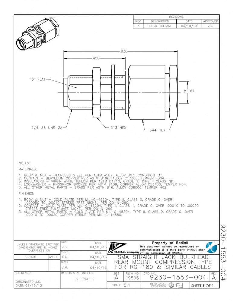 Radiall drawing preview for SMA straight jack bulkhead connector 9230-1553-004