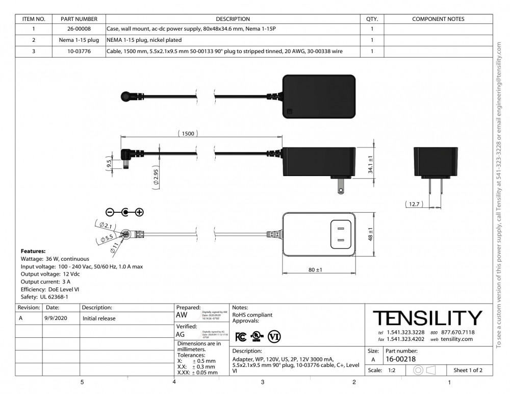 Tensility 16-00218 product drawing, page 1