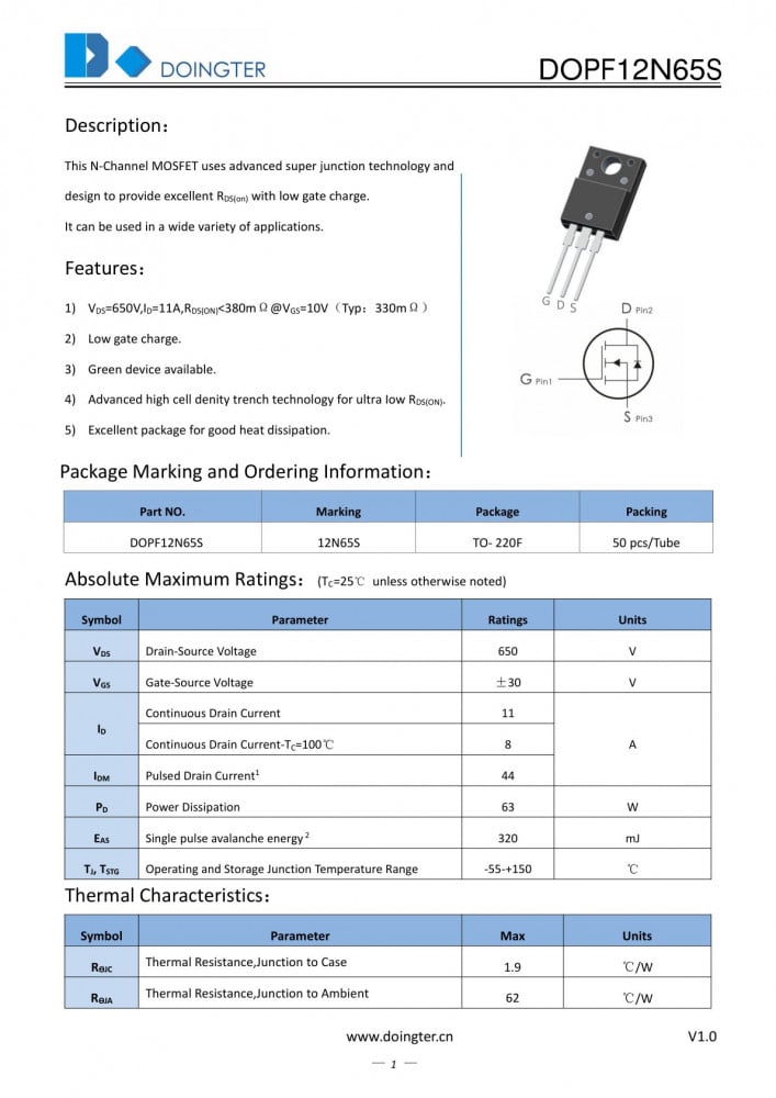 DOPF12N65S datasheet page 1