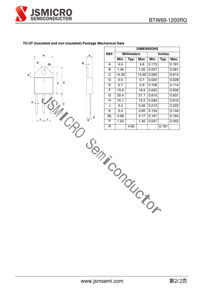 BTW69 series TO-3P package mechanical drawing