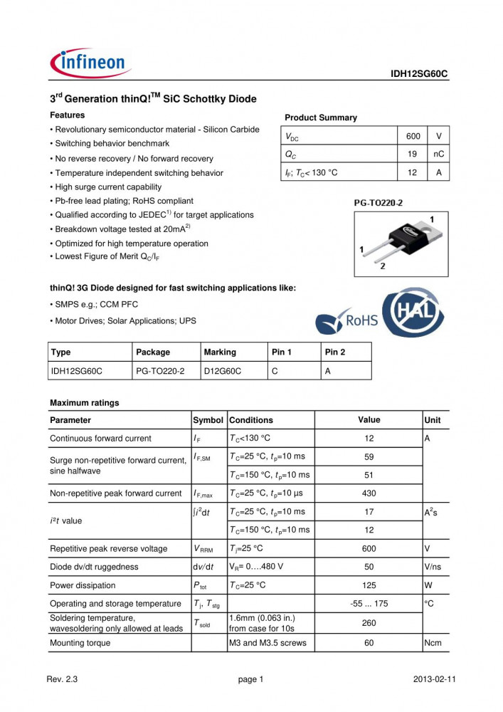 IDH12SG60CXKSA2 datasheet page 1