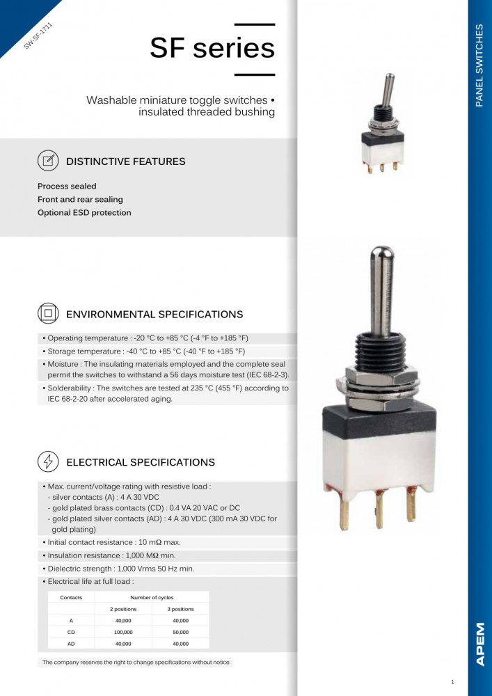 APEM SF series datasheet page 1