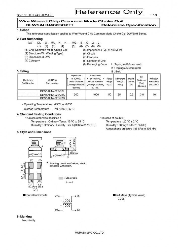DLW5AHN402SQ2L reference specification page 1