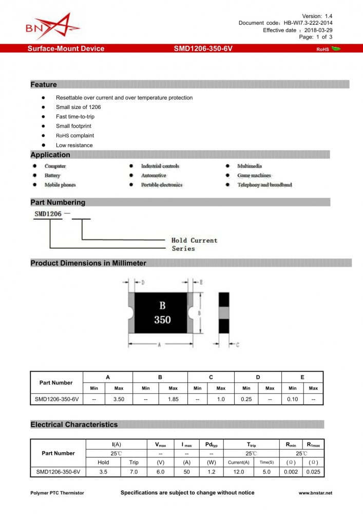 BNstar SMD1206-350-6V datasheet page 1