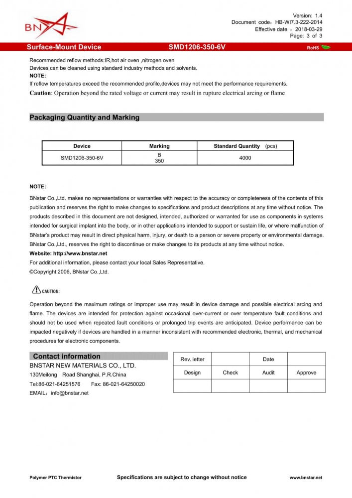 BNstar SMD1206-350-6V datasheet page 3