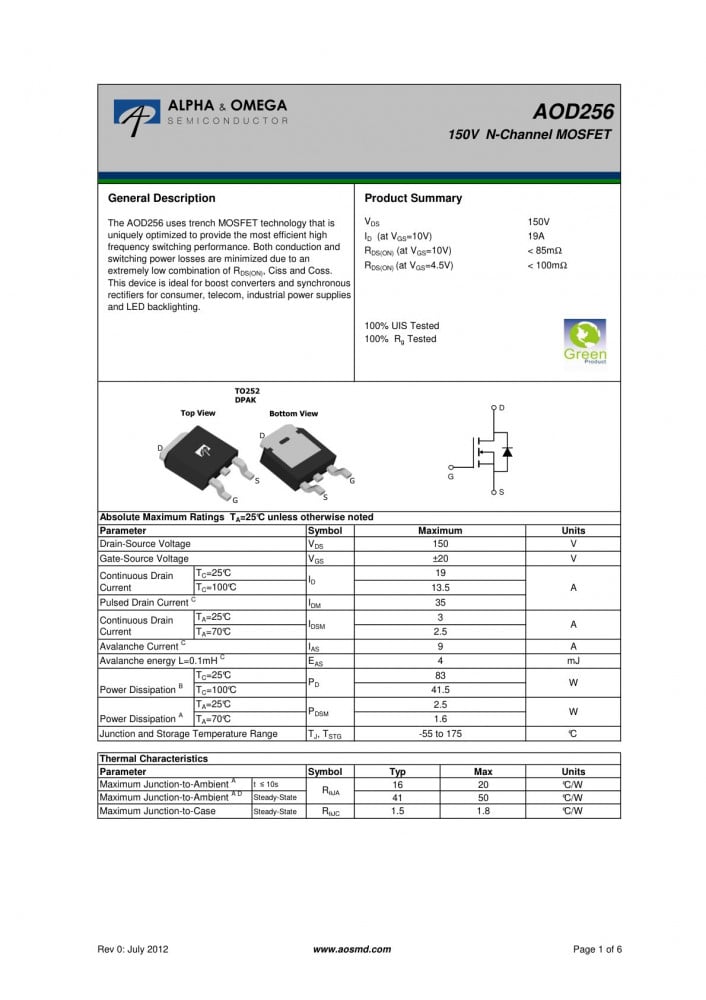 AOD256 datasheet page 1