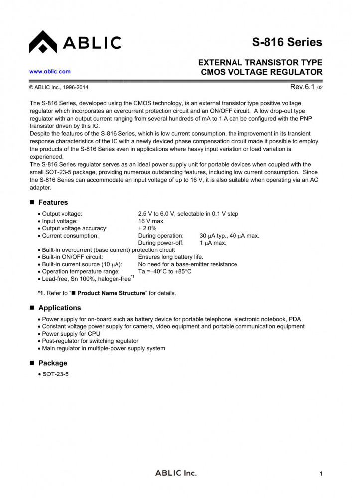S-816 Series datasheet page 1