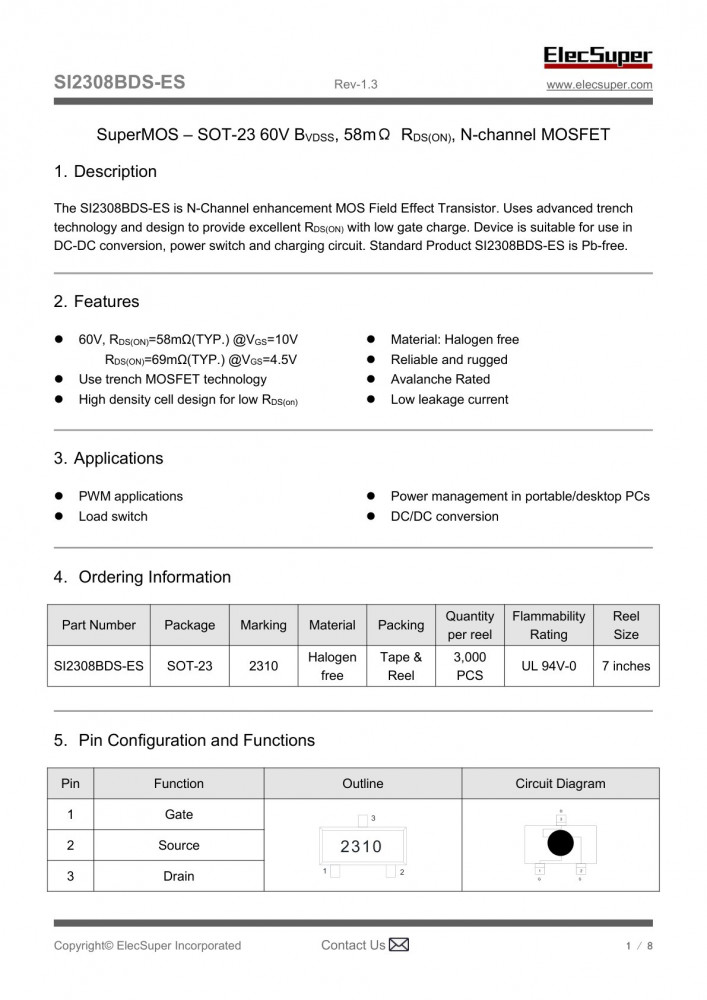 SI2308BDS-ES datasheet page 1