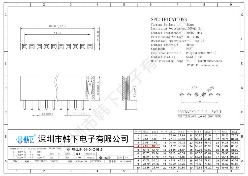 HX PM-2.54-01-04-Z-H8.5 technical document preview