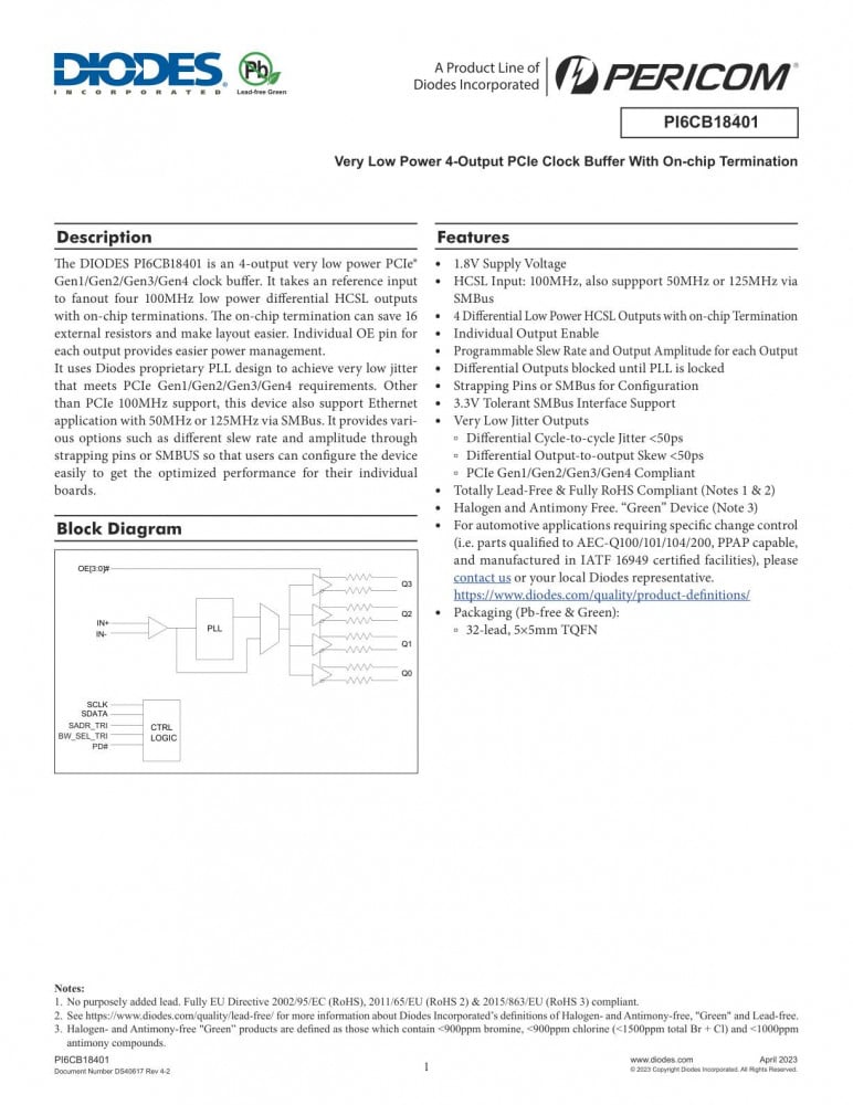 PI6CB18401 datasheet page 1
