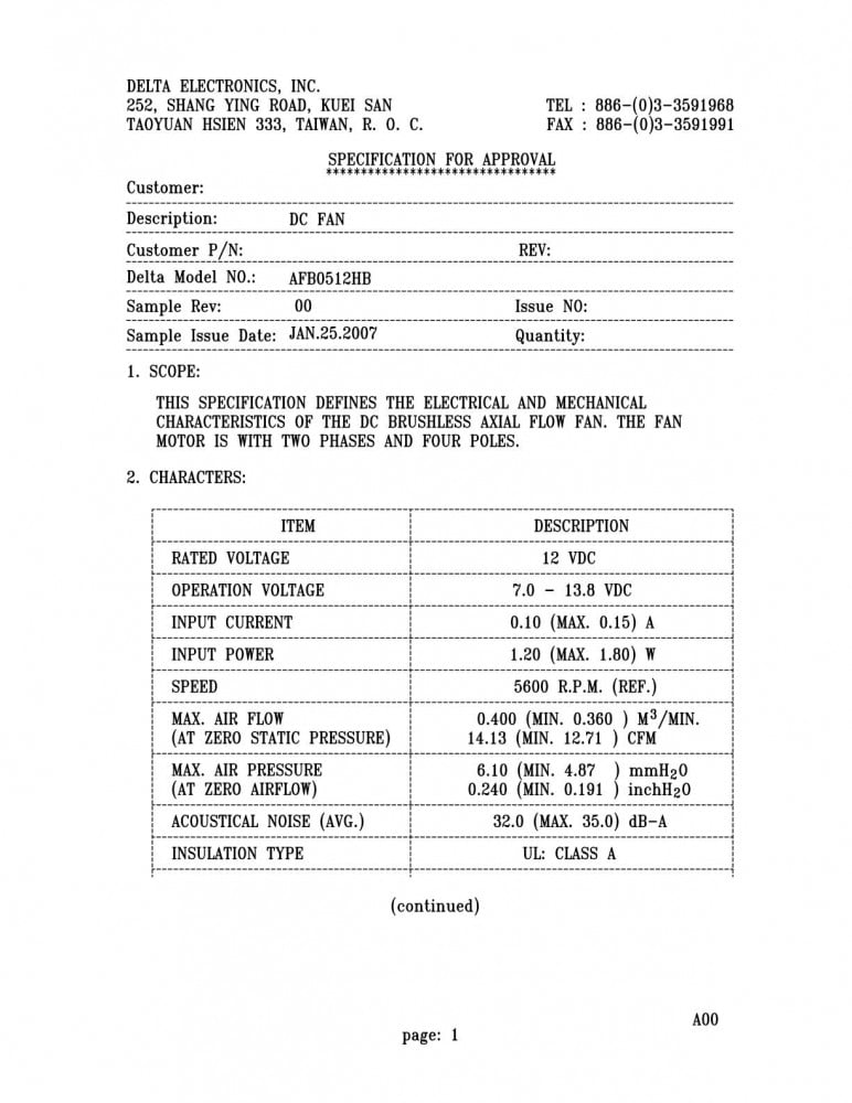 AFB0512HB specification page 1