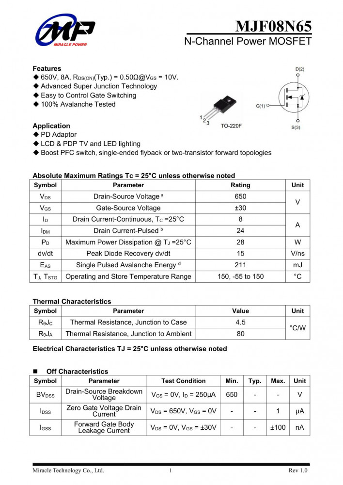 MJF08N65 datasheet page 1