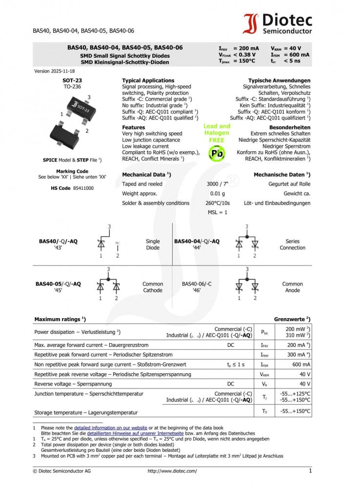 DIOTEC BAS40-04 datasheet page 1