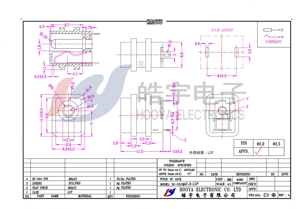 HOOYA DC-531φ2.0-LCP technical drawing