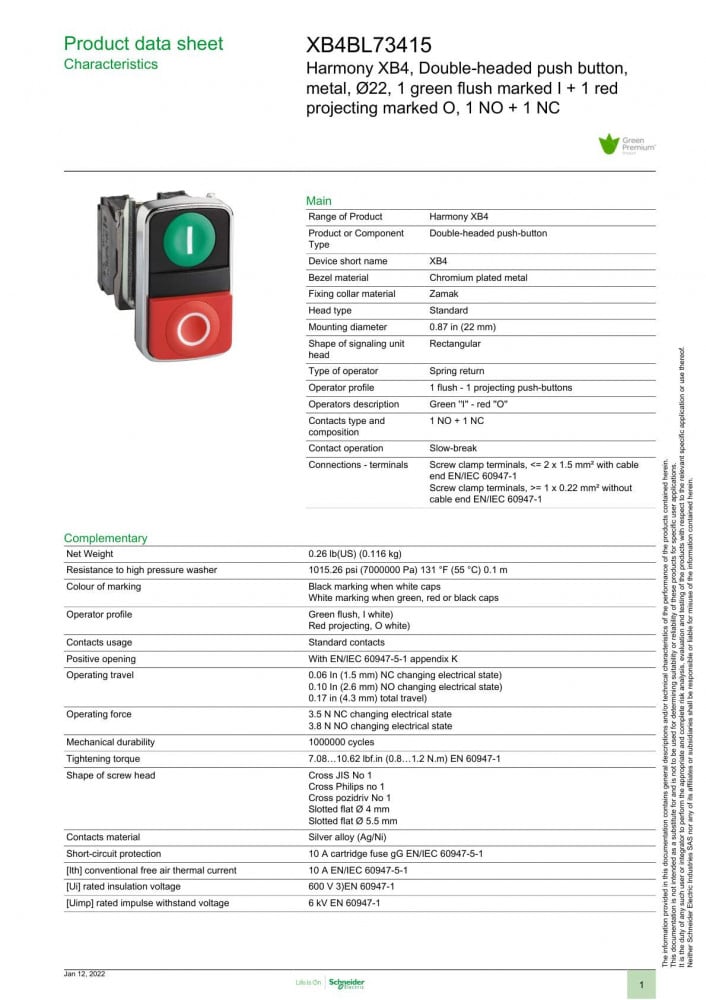 XB4BL73415 technical document page 1