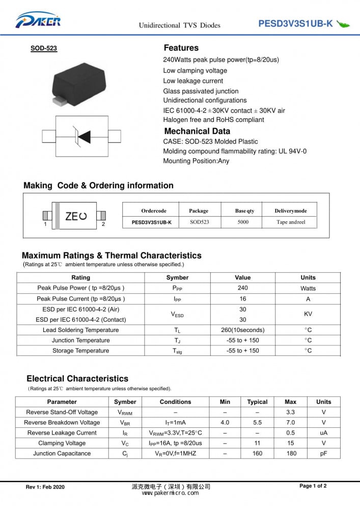 PESD3V3S1UB-K technical datasheet page 1