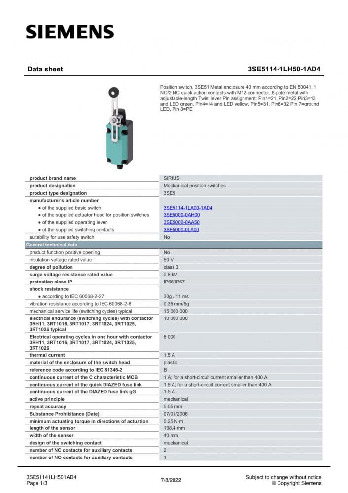 SIEMENS 3SE5114-1LH50-1AD4 datasheet page 1