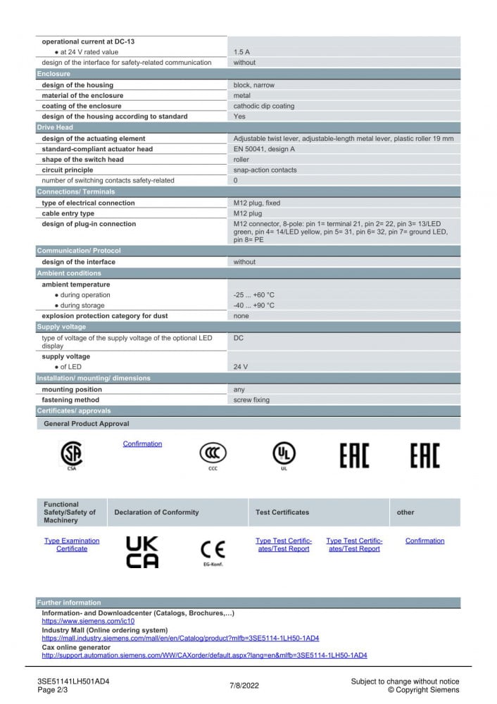 SIEMENS 3SE5114-1LH50-1AD4 datasheet page 2