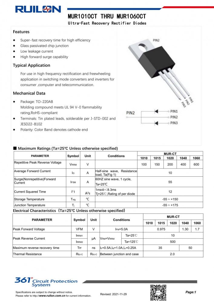 MUR1040CT datasheet page 1