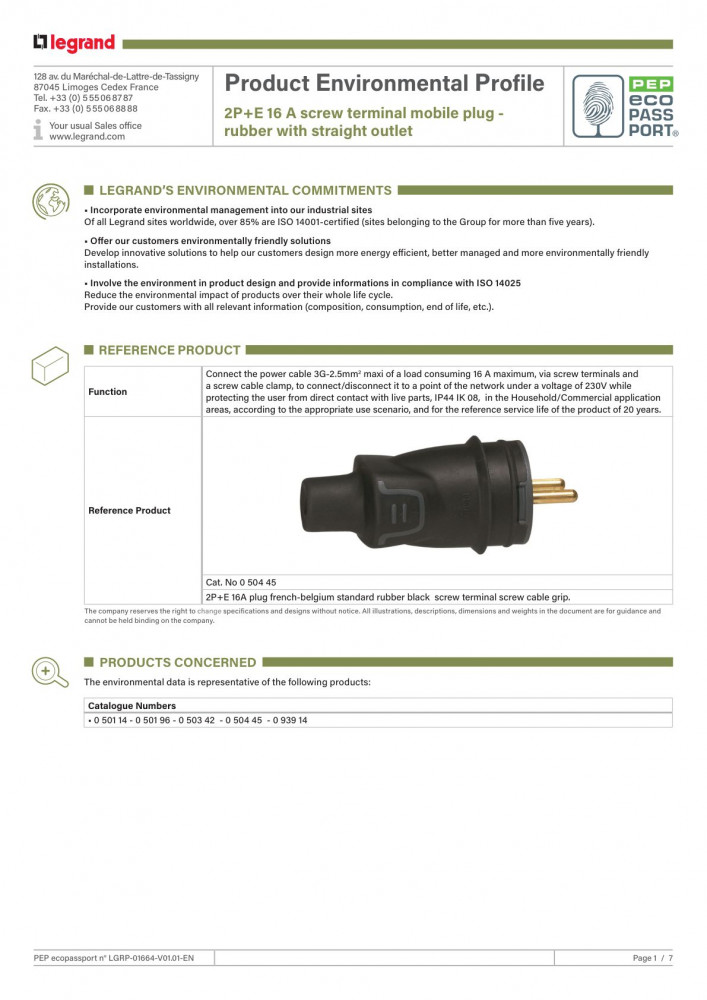 Legrand 050342 product environmental profile, page 1