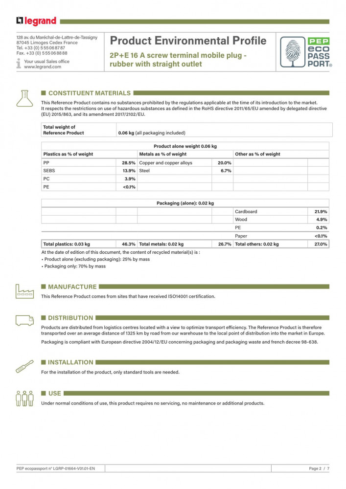 Legrand 050342 product environmental profile, page 2