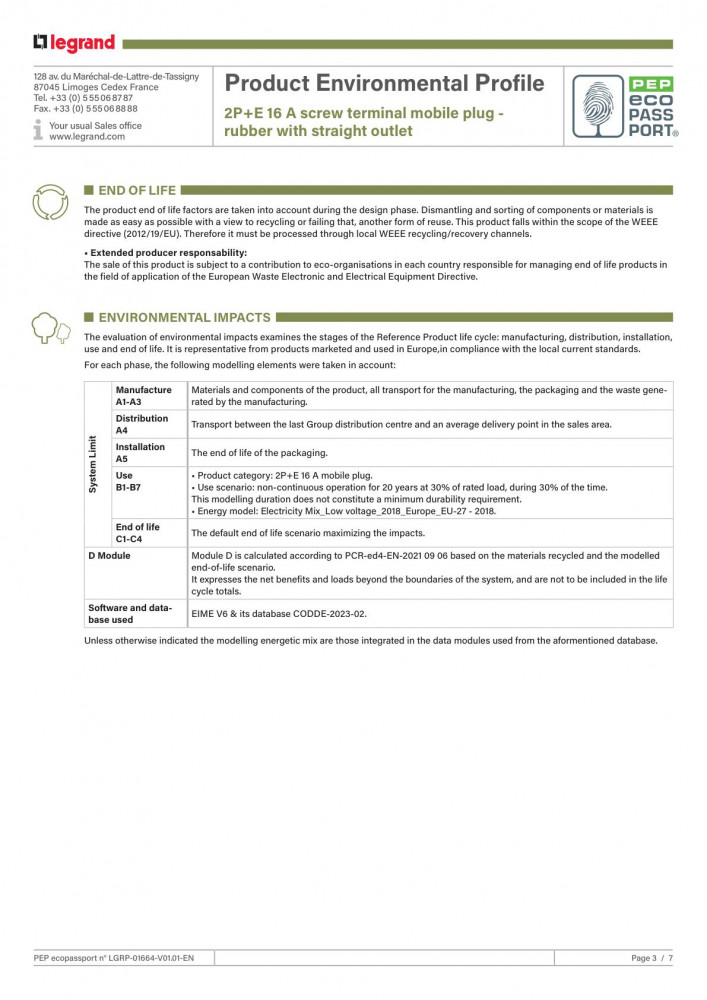 Legrand 050342 product environmental profile, page 3