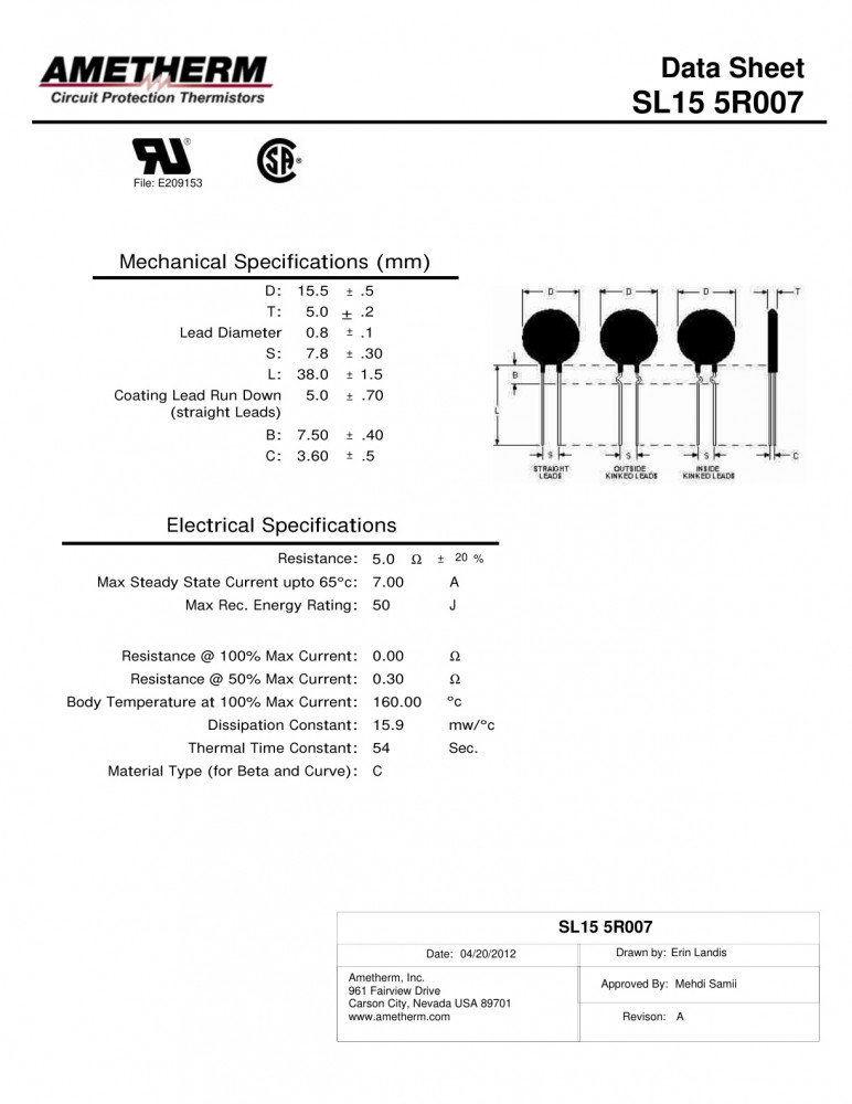 Ametherm SL15 5R007 technical datasheet page