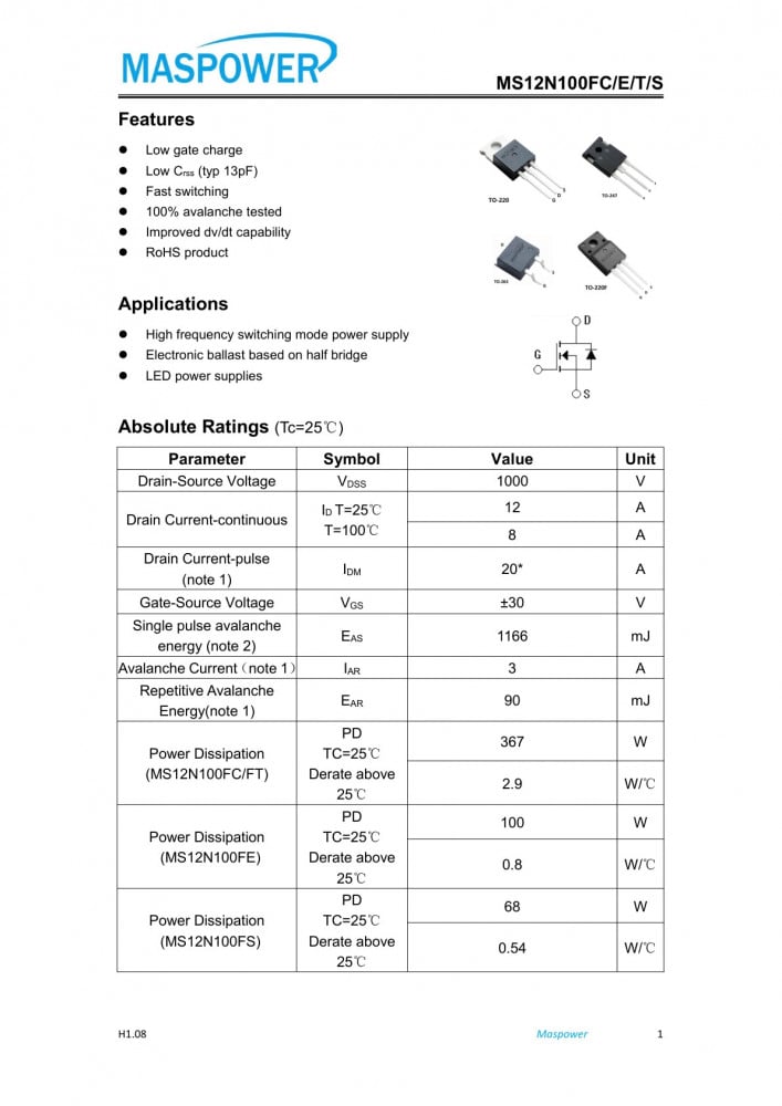 MS12N100FC datasheet page 1
