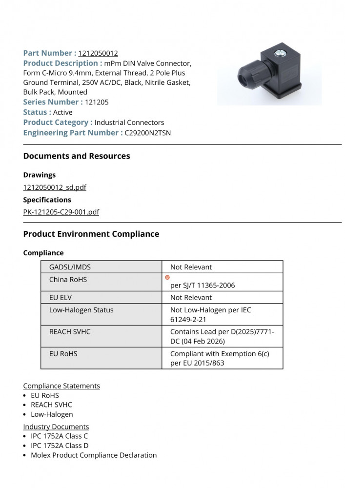 MOLEX C29 DIN valve connector packaging specification page image 1