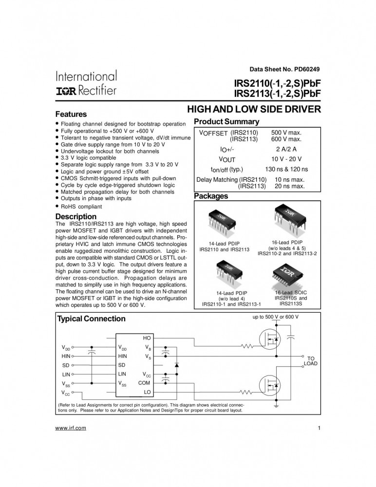 IRS2110STRPBF datasheet page 1