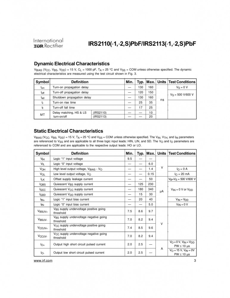 IRS2110STRPBF datasheet page 3