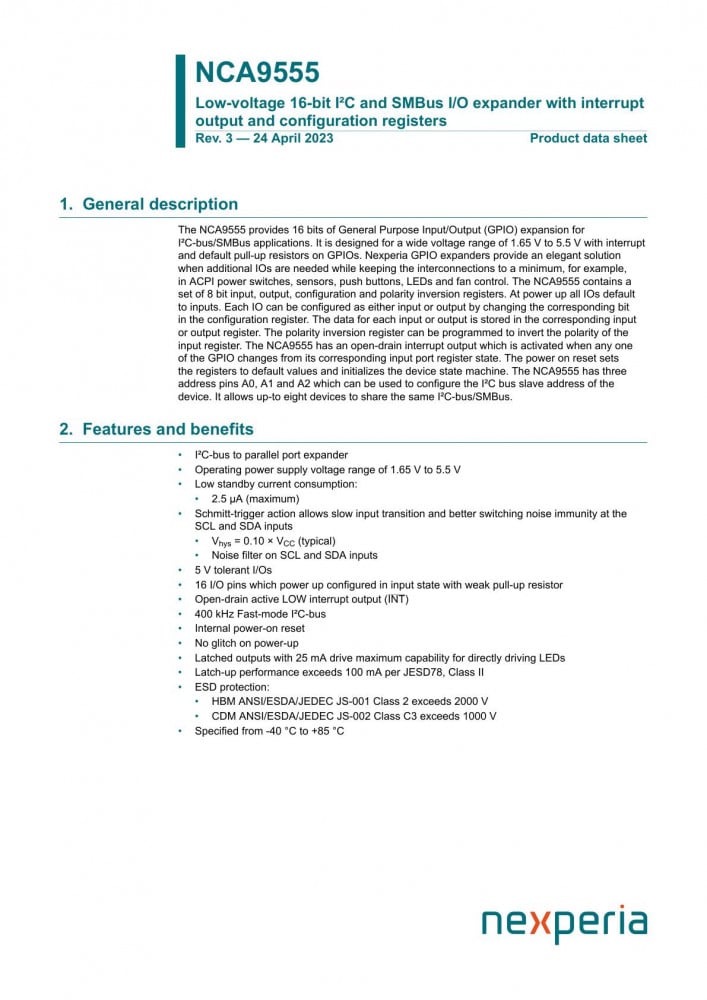NCA9555 datasheet page 1