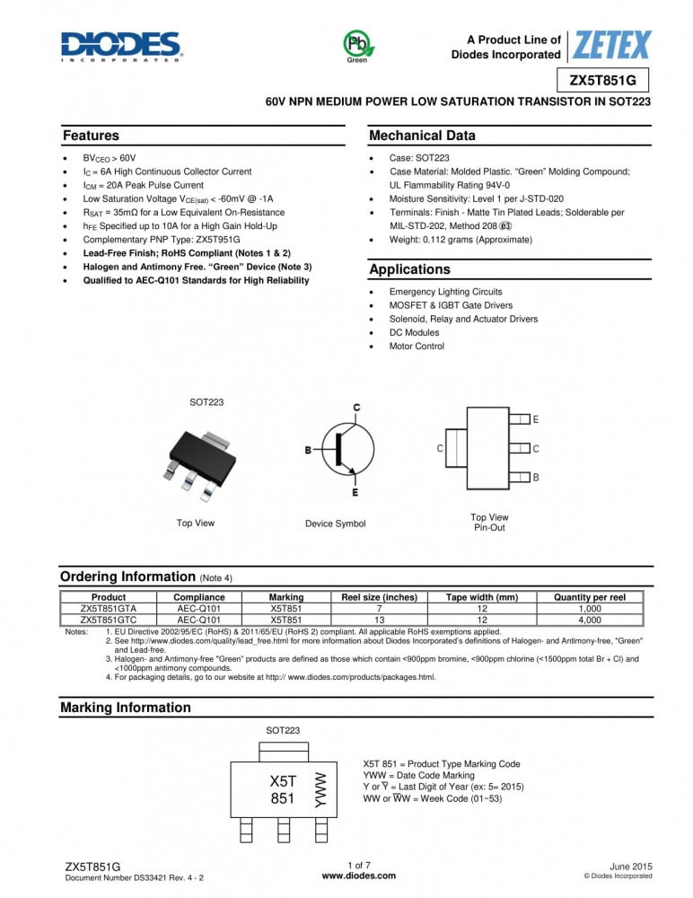 ZX5T851GTA datasheet page 1
