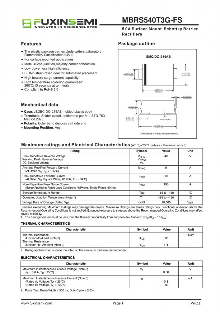MBRS540T3G-FS datasheet page 1