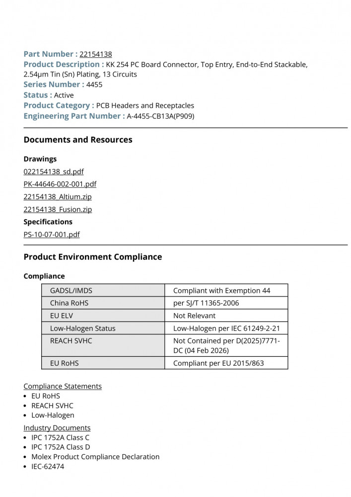MOLEX 22154138 technical drawing preview, page 1