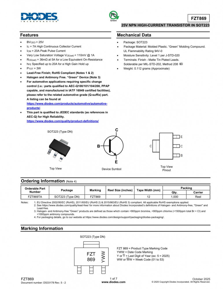 FZT869TA datasheet page 1