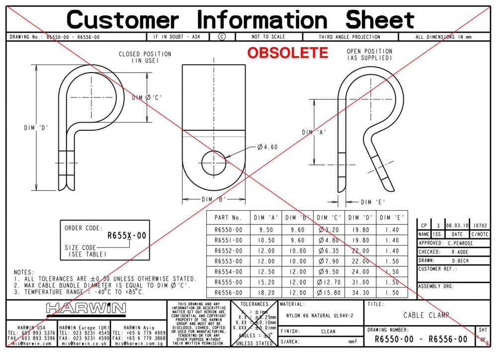 Harwin R6554-00 customer information sheet